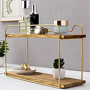 MyGift Modern 2-Tier Floating Wall Shelf, Natural Brown Wood Bathroom Shelves with Vintage Brass Metal Frame