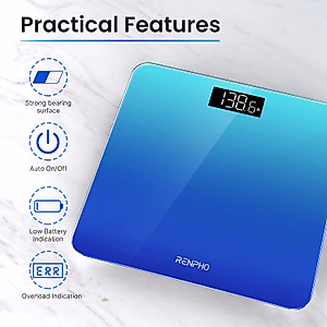 RENPHO Digital Bathroom Scale, Highly Accurate Body Weight Scale with Lighted LED Display, Round Corner Design, 400 lb Core 1S (Gradient-Blue, 10.24"/260mm)