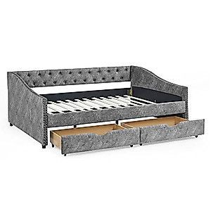 EMKK Full Size Daybed with Drawers Upholstered Tufted Sofa Bed, with Button on Back and Copper Nail on Waved Shape Arms,Storage Platform Bed for Kids Teens and Adults