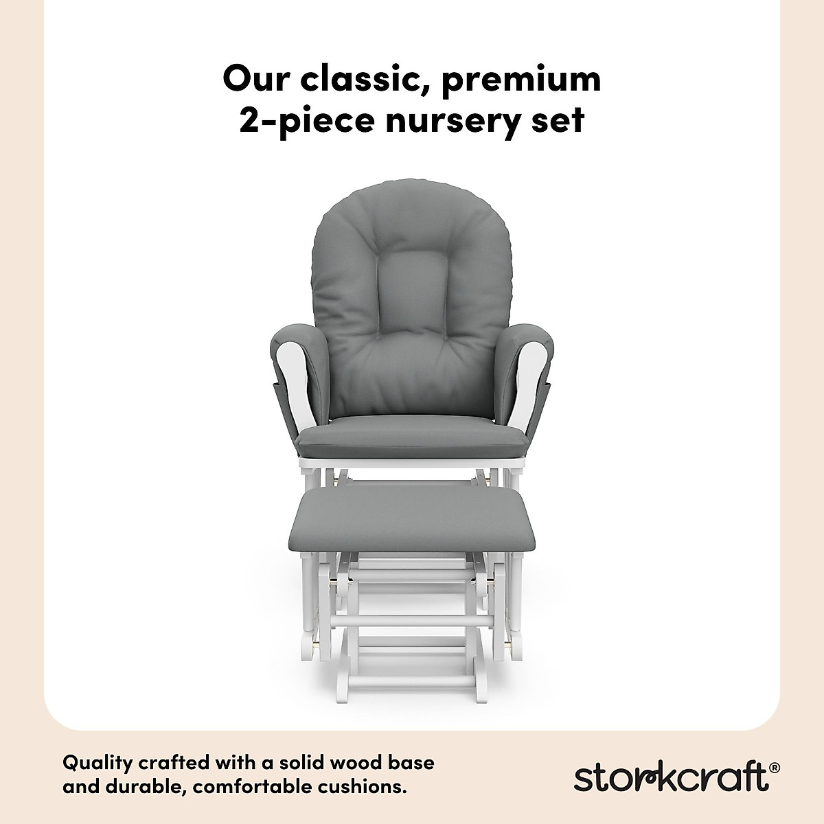 Storkcraft Premium Hoop Glider and Ottoman (White Base, Gray Cushion) – Padded Cushions with Storage Pocket, Smooth Rocking Motion, Easy to Assemble, Solid Hardwood Base