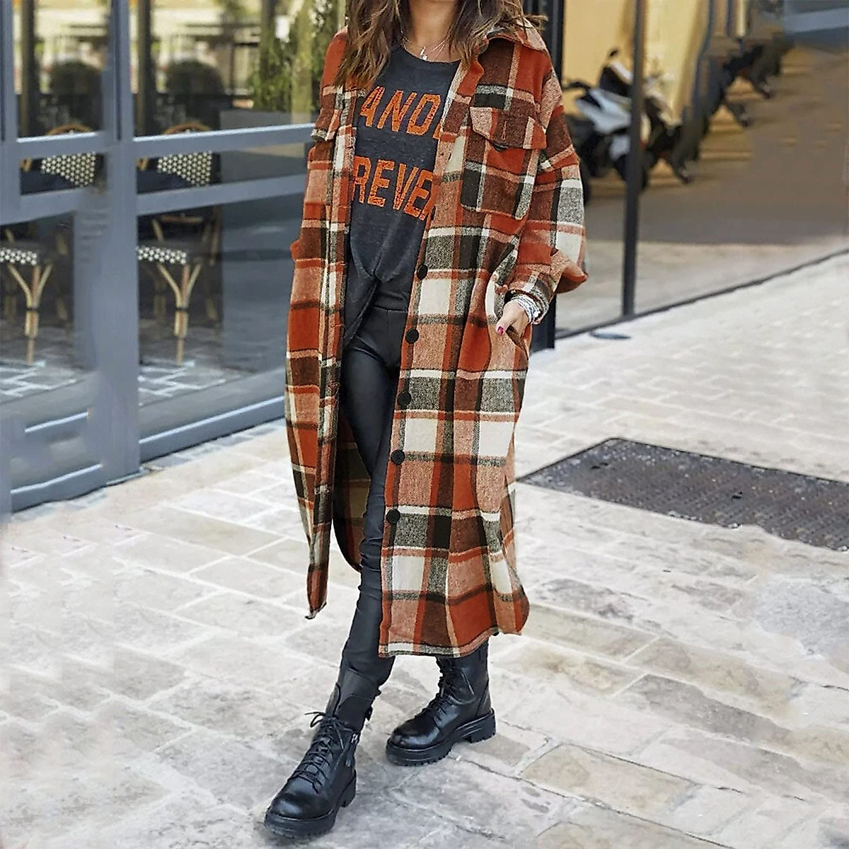 MOKINGTOP Women Flannel Shacket Plaid Print Long Sleeve Lapel Long Jackets Cardigan CoatFlannel Shirts For Women