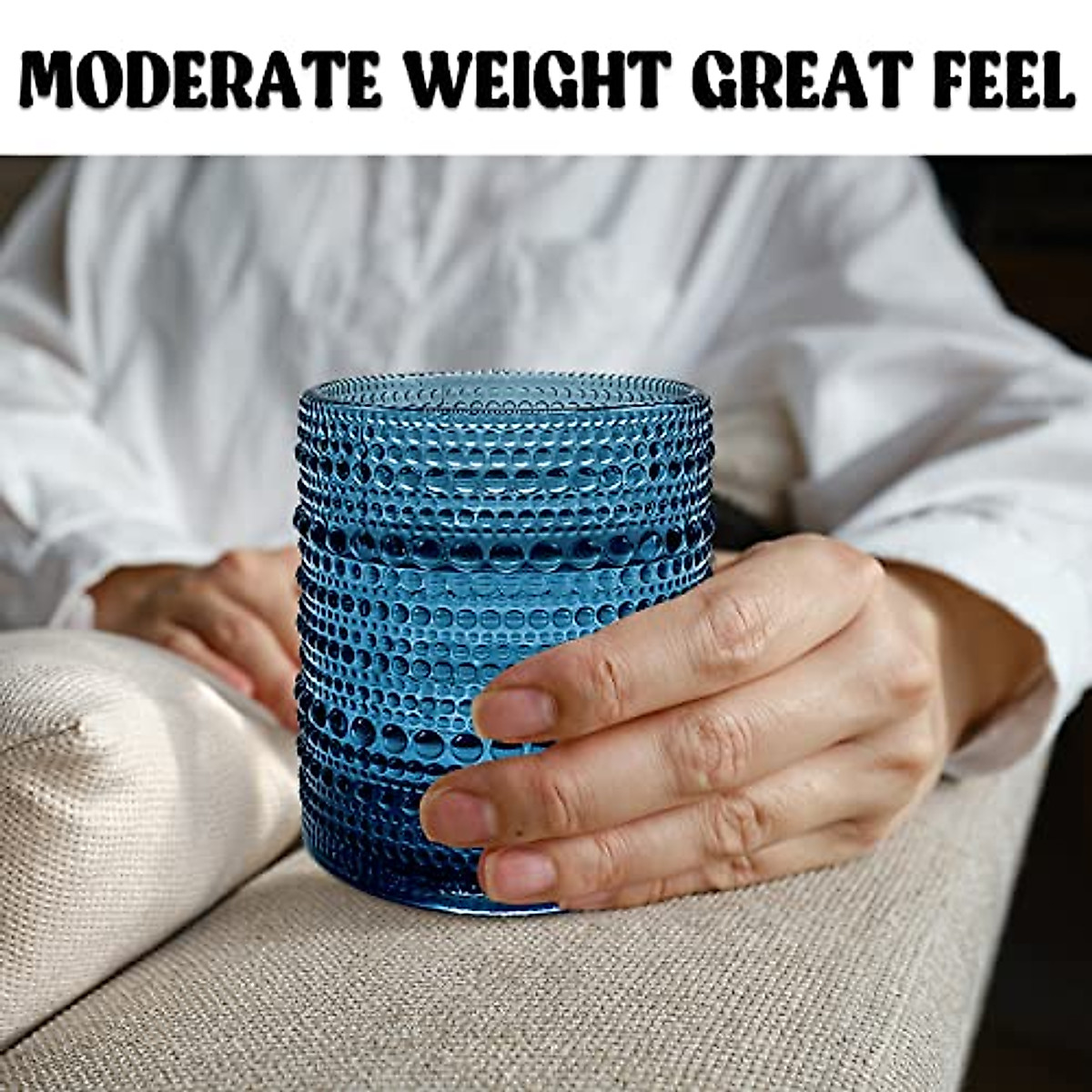 UPZAI 12oz Vintage Drinking Glasses Set of 4, Kitchen Glassware Old Fashioned Glass Cups, Aesthetic Water Cups for Beside Beverage Juice Coffee Beer Cocktail Whiskey (Blue)