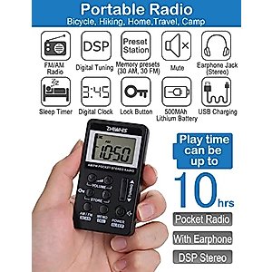 ZHIWHIS Portable Radio, AM FM Receiver with Sleep Timer, Rechargeable Stereo Radios with Digital Clock, DSP Tuner with Preset Function Pocket Walkmen for Walking Travel