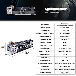 CO-Z 8.7"x29.5" Mini Metal Lathe with 1100W Brushed Motor 5 Turning Tools, Benchtop Metal Lathe with LCD Display 2250rpm Max Variable Speed for Home Machinists Workshop DIY Metalworking Crafts