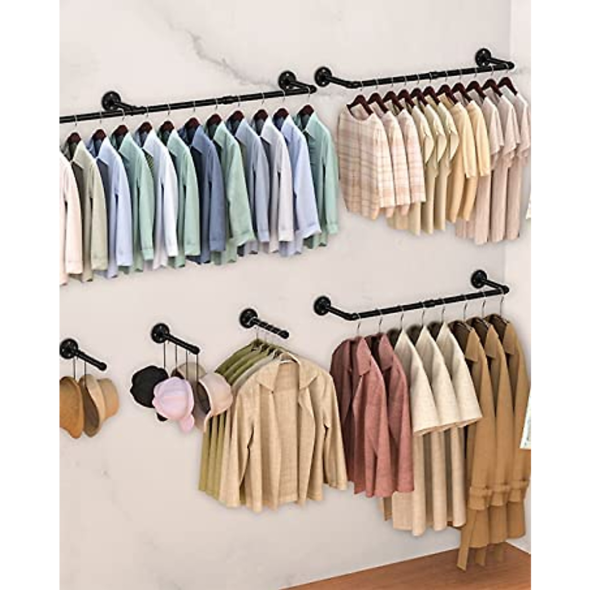 Folews Industrial Pipe Clothing Rack Wall Mounted 48.8 Inch Wall Clothing Rack Garment Rack for Hanging Clothes Coats Laundry Room Organizer Storage Hanger Shelf Space Saving