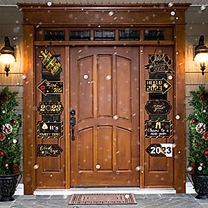 Happy New Year Door Signs, Black Gold 2023 Happy New Year Hanging Porch Sign Decorations 2023 Welcome Door Banner for New Year Eve Party Supplies