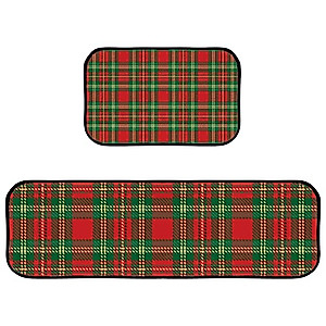 Vantaso Kitchen Floor Mat Rug Tartan Check Christmas Plaid Set of 2 Cushioned Non-Slip Comfort Runner Rugs