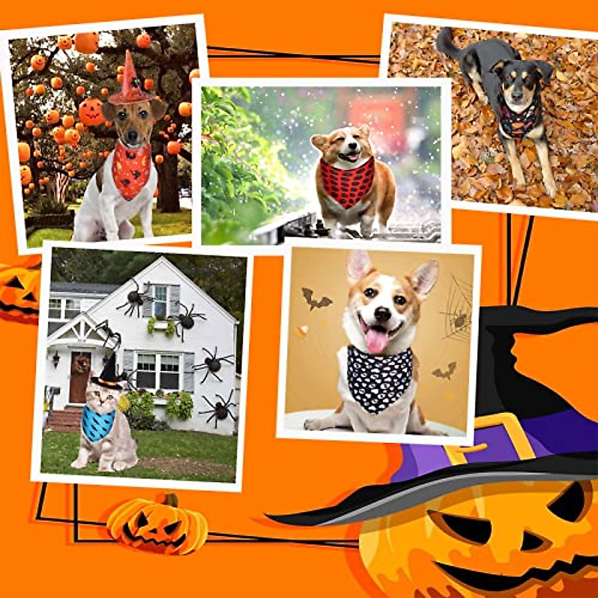 Halloween Dog Bandanas Pet Costumes - 6 Pack Triangle Scarf Adjustable Pet Bibs Kerchief Set Costume Accessories Decorations for Dogs Cats Pets Holiday Festivals Party (Large)