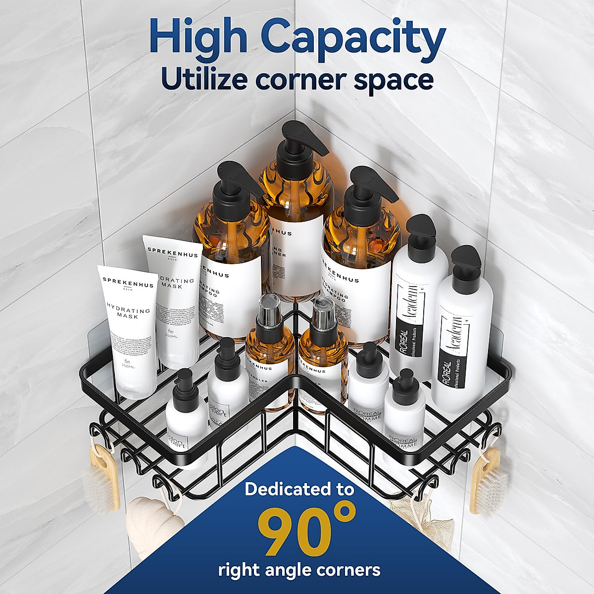 YASONIC Corner Shower Caddy, 3-Pack Adhesive Shower Caddy with Soap Holder and 12 Hooks, Rustproof Stainless Steel Bathroom Shower Organizer, No Drilling Wall Mounted Shower Rack, for Bathroom, Black