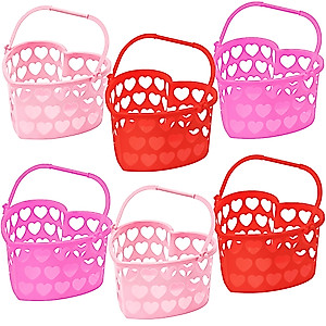 Zcaukya 6 Packs Easter Baskets, 7.1" x 7.9" x 4.3" Small Plastic Heart Shaped Basket with Handles, Heart Hollowed Baskets Holders for Romantic Party Wedding Part Decor