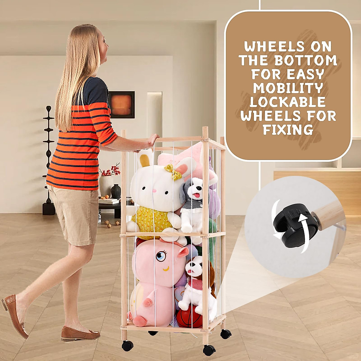 Stuffed Animal Storage, Stuffed Animal Zoo Wood Storage Box with 360° Brake Wheels, Toy Organizer Plush Toy Holder Nursery Room Organizer Zoo Cage for Kids Playroom, Bedroom, Nursery