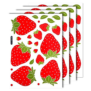 4 Sheets / 92pcs Strawberry Wall Decals, Removable Cute Fruit Wall Stickers for Girls Bedroom Dorm Dining Room Kitchen Bathroom Waterproof Decor