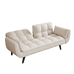 Olela Futon Sofa Bed, Convertible Sleeper Couch 74" W Modern Velvet Loveseat with Adjustable Backrests and Solid Wood Legs for Living Room, Bedroom, Small Space (Beige)