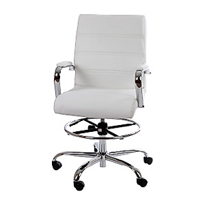 Flash Furniture Adjustable Height Drafting Chair - Contemporary Mid-Back White LeatherSoft Drafting Stool Chair - Adjustable Foot Ring & Chrome Base