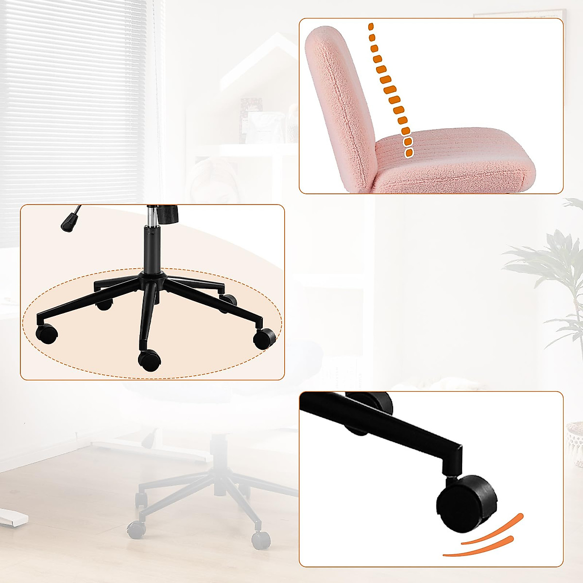 CUANBOZAM Armless Desk Chair, Criss Cross Chair with Wheels, Fabric Padded Desk Chair, Modern Swivel Height Adjustable Office Chair with Wide Seat for Home, Office, Make Up, Bed Room