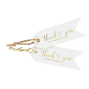 100Pcs Thank You for Celebrating with US Tags,White High-end Paper Hang Tags with String,Gold Font Favors Labels,Personalized Gift Tags for Baby Shower,Bridal Shower,Party and Gift Wrapping(2.75"x1")