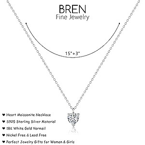 BREN Heart Necklace for Women, 1ct Moissanite Solitaire, Sterling Silver, White Gold Plated, 15"+3" Chain for Women, Moms, Lovers