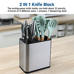 BIARTS 2 in 1 Universal Knife Block without Knives Stainless Steel Knife Holder for Kitchen Counter with Drainage Hole Knife Storage with Utensil Holder Modern Design, Rectangle, 7.7"L x 4.6"W x 7.9"H