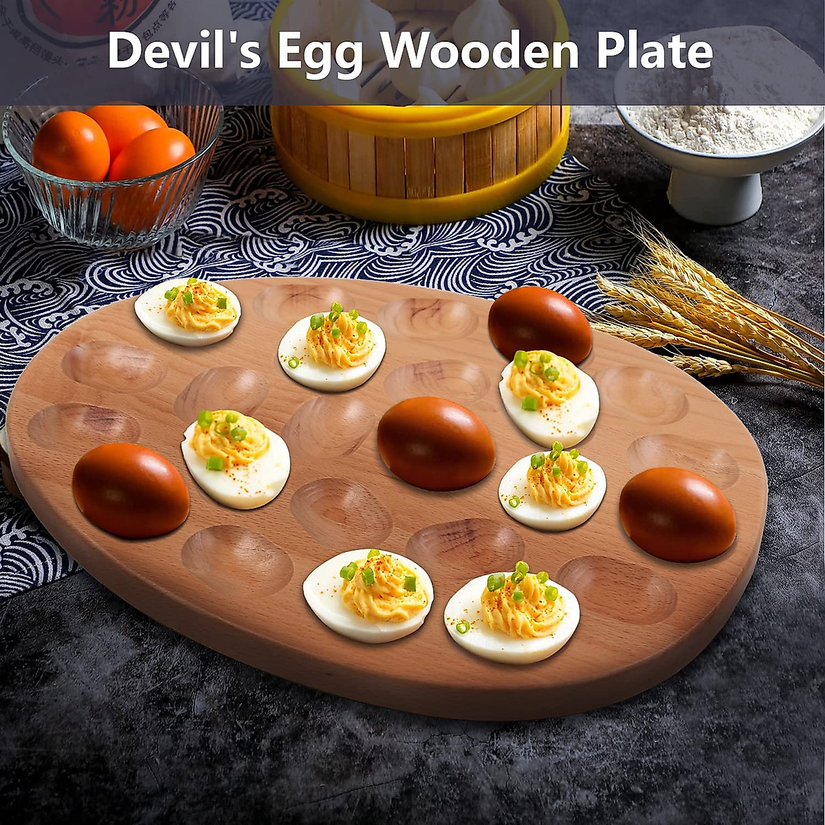 24-Hole Egg-Shaped Deviled Egg Platter, Reversible Wooden Egg Tray,Grilled Cheese Serving Holder, Birthday Celebration, Easter, Thanksgiving