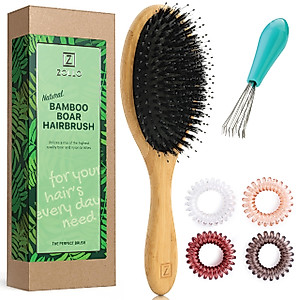 Natural Boar Bristle Hair Brush for Women, Men, Kids; Dry and Wet Detangling Hair Brush Gently Enhances Shine, Smooths Frizz and Prevents Breakage in Fine and Straight, Thick and Curly Hair (oval)