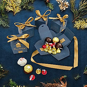 Yoption 50pcs Wedding Party Favor Boxes, Navy Blue Wedding Birthday Candy Boxes, Chocolate Treat Gift Boxes with Ribbon for Wedding Bridal Baby Shower Birthday Party Decoration, 2.5X2.5 X2.5 inches