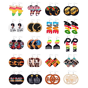 20 Pairs African Earrings for Women Wooden Black Lives Matter Earrings African Map Round Painted Wooden Earrings Statement Ethnic Dangle Earring
