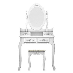 White Vanity Jewelry Makeup Dressing Table Set W/Stool 4 Drawer Mirror Wood Desk