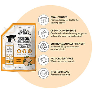 J.R. Watkins Foaming Dish Soap Refill Pouch, Crafted Clean & Cruelty Free, Orange, 32 fl oz, 6 Pack