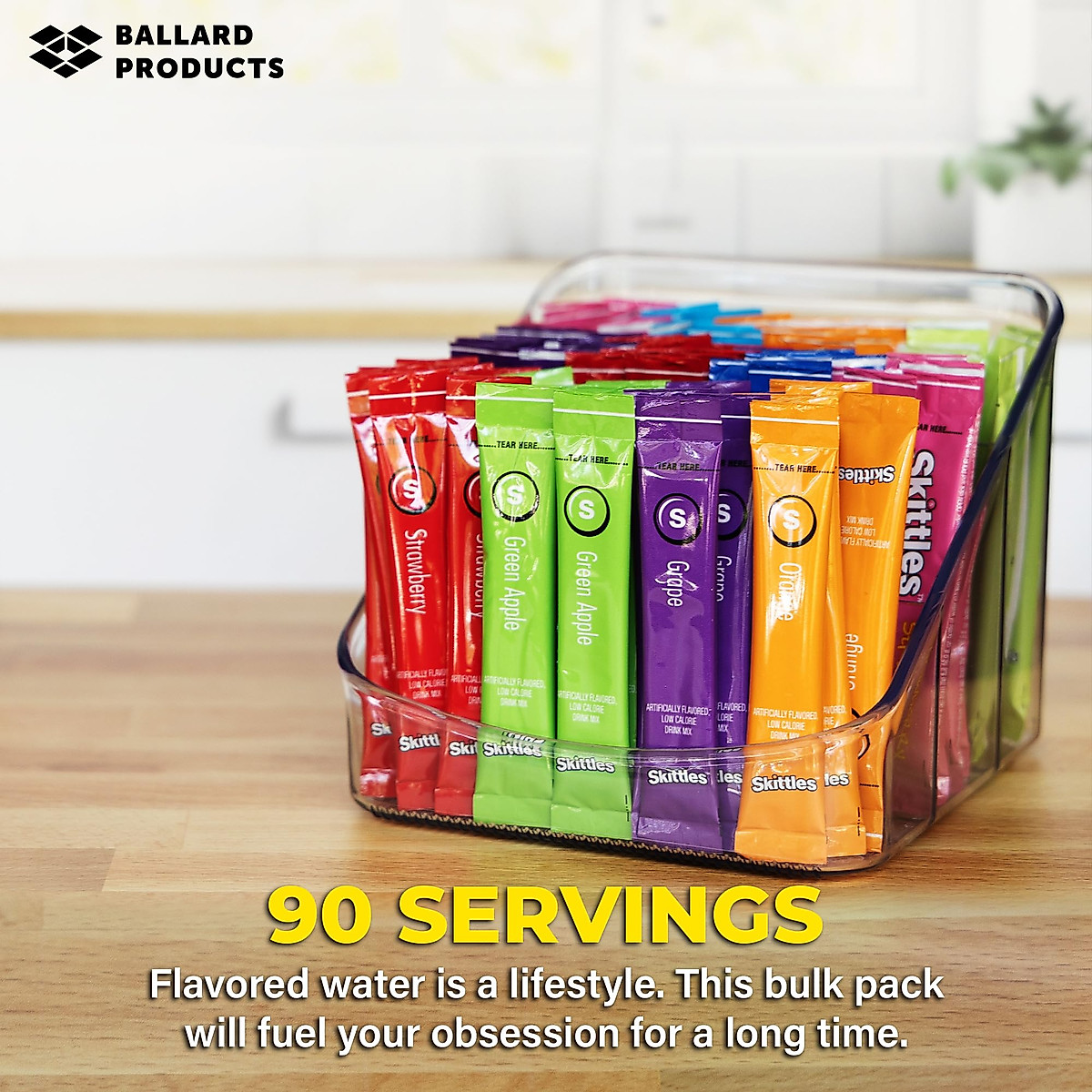 Skittles Drink Mix Bulk Pack of 3 Boxes - Original, Tropical, and Wild Berry - 90 Count of Skittles Water Flavor Packets - Sugar Free Drink Mix Bundle with Ballard Products Moist Towelette