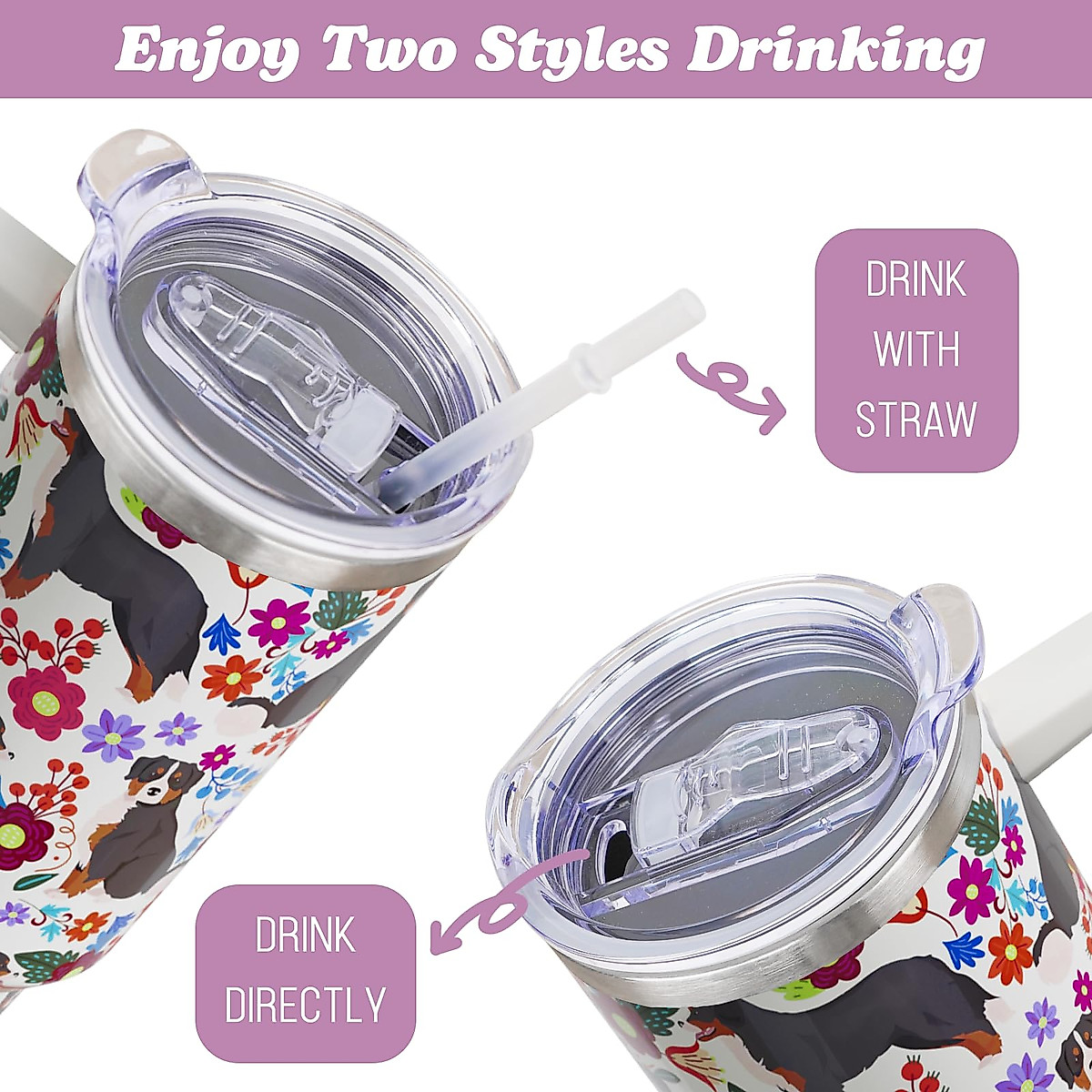 puhnhsv 40 oz Bernese Mountain Dog Tumbler with Handle, Insulated Cup Bernese Mountain Lovers Gifts