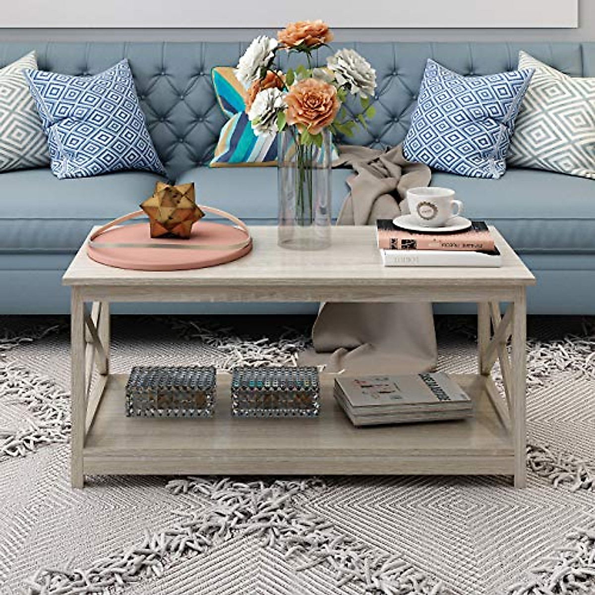 Rainbow Sophia Coffee Table, Modern Farmhouse Wood Coffee Table with 2-Tier Storage, 40 Inch, White Oak