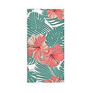 JUAMA Tropical Coral Flowers Green Palm Tree Leaves Hand Towel Lightweight Fingertip Towel Absorbent Hand Towel for Bathroom Gym Yoga Sport Multi-Purpose Towel 30x15 in