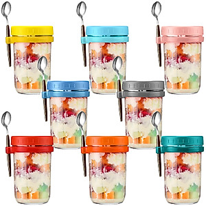 Didaey 8 Pcs Overnight Oats Containers with Lids and Spoon 16 oz Large Capacity Airtight Overnight Oats Jars Glass Jar with Lid Mason Jars with Measurement Marks for Cereal Milk Fruit Yogurt