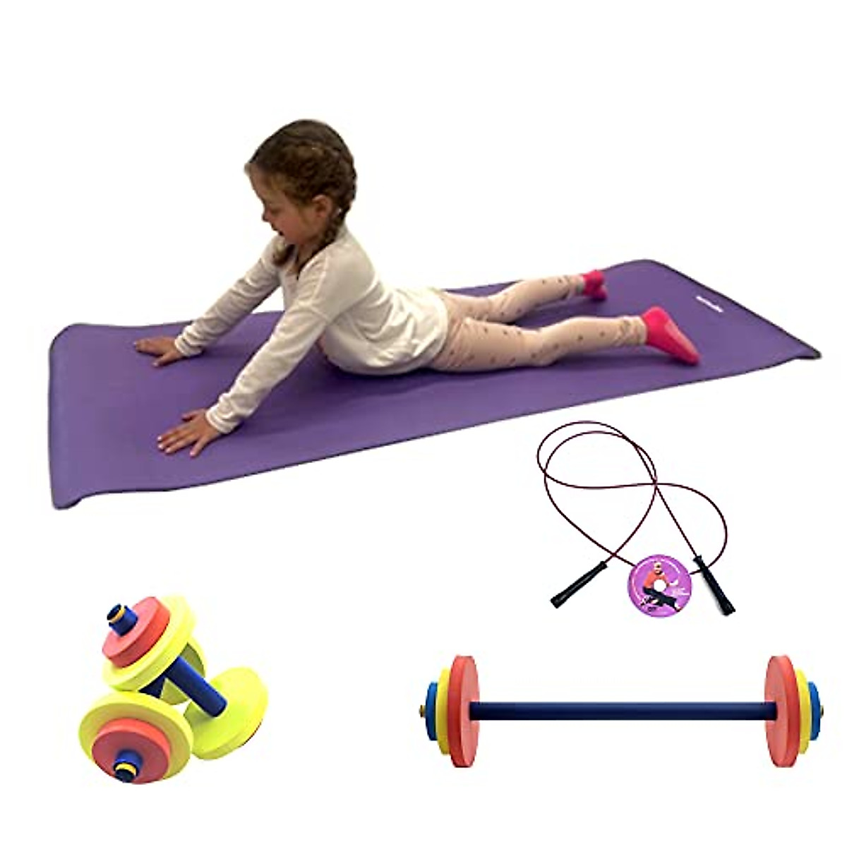Fun & Fitness for Kids® Complete Fitness Set, Dumbbells, Barbell Set, Foam Yoga Mat, Adjustable Jump Rope, Jump Rope Trainer Video