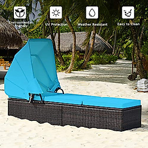 Tangkula 2PCS Outdoor Chaise Lounge Chair with Folding Canopy, Adjustable Cushioned Reclining Chair with Flip-up Tea Table, Rattan Sun Lounger for Beach Poolside Backyard Balcony Porch (2, Turquoise)