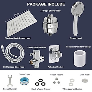 NearMoon Filtered Shower Head, High Pressure 8″Square, 5 settings Handheld Rain Shower Filter Combo with Self-adhesive Holder/1.5M Hose -1 Replaceable Filter Cartridge (Chrome Finish)