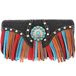 Western Style Fringe Conchos Gem Rhinestone Studded Braided Leather Purse Country Handbag Women Shoulder Bag Wallet Set (Red Set)