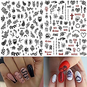 YOSOMK 9 Sheets Halloween Nail Art Stickers Decals Gothic Snake Skeleton Nail Decals 3D Self-Adhesive Nail Art Supplies Letter Heart Sun Moon Design Nail Accessories for Women Manicure Decorations.…