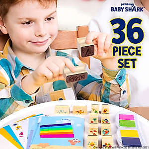 Creative Kids Baby Shark Stamp Set 36 Piece Wooden Stamps Set Includes Ink Pads, Stickers, Markers, Picture Frames - Montessori Wood Stamp Birthday Gift Set for Girls & Boys Toddlers Ages 3+