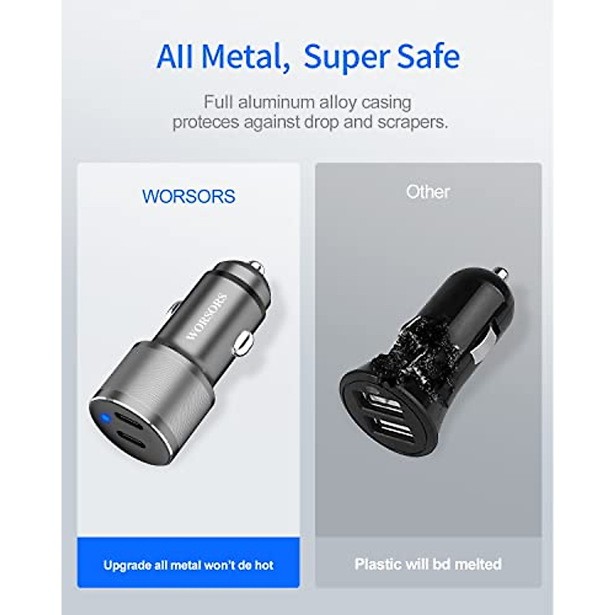 Dual USB C Car Charger, 60W PD (30W + 30W) Super Fast Charging Adapter Metal for Samsung Galaxy S23 Ultra/S23 Plus/S23/S22 Ultra/S22+/S21/S20/S10/Fe, Note 20/10, iPad Pro + 2X Type C to C Cable 3.3Ft