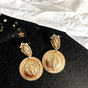 KaFu Statement Lion Head Earrings Big Coin Gold Circle Baroque Animal Dangle Earrings Vintage 80's Women Dainty Gift (large meatball)