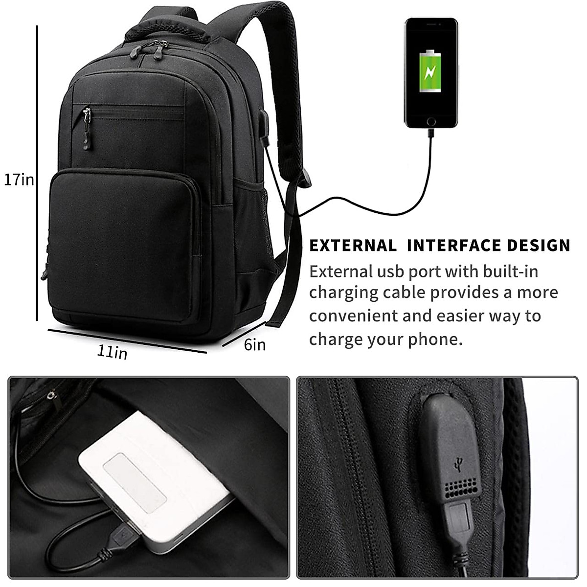 Laptop Backpack black bookbag for travel work teacher computer,waterfroof 15.6 Inch Rucksack with USB Charging Port, Waterproof Bag Men Women.