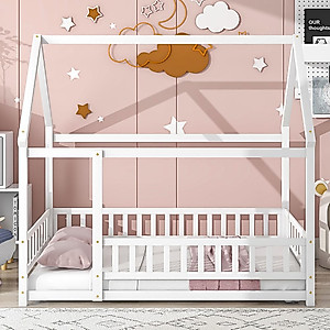 MilleLoom Full Size Solid Pine Wood Floor Bed Frame, Full Size House Floor Bed with Roof Fence Guardrails, Multifunctional Playhouse Bed for Kids Boys Girls Teens, Easy Assembly, White