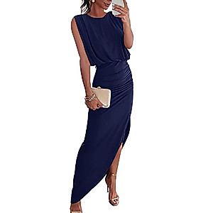 BTFBM Women Sleeveless Ruched Bodycon Dress 2023 Summer High Waist Asymmetrical Slit Formal Party Cocktail Maxi Dresses(Solid Navy, Large)