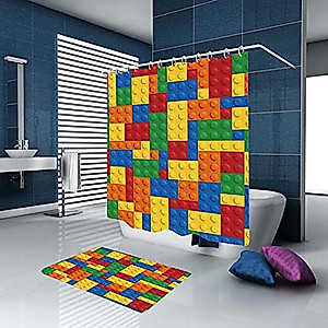 ENCOFT 2 Pcs Lego Shower Curtain with Non-Slip Bathroom Rug,Kid Funny Waterproof Shower Curtain Sets with Bath Mat and 12 Hooks