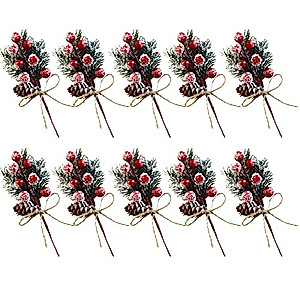 KEEPAA 10Pcs Christmas Artificial Berries Pine Cones Stems Decor, Faux Red Berry Stem Simulation Pinecones Branches for Xmas Tree Decorations, Floral Arrangement DIY Wreath Winter Holiday Décor