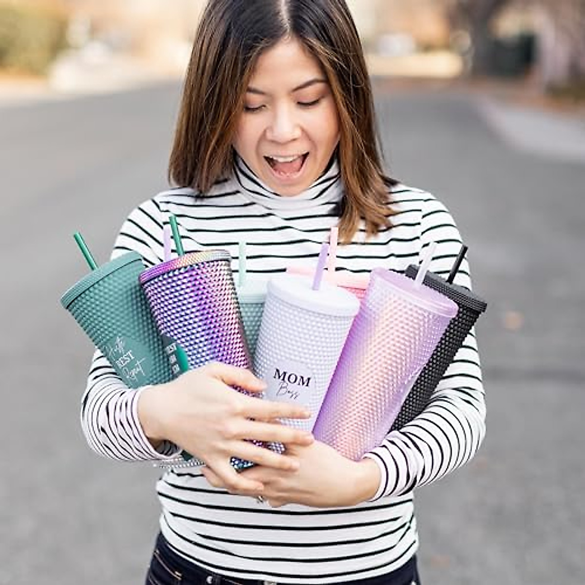 PLA Beauty Studded Tumblers | Insulated Double Wall | With Screw on Lid and Straw | Cold Beverage | Hand Wash | 24 oz (Black Lash)