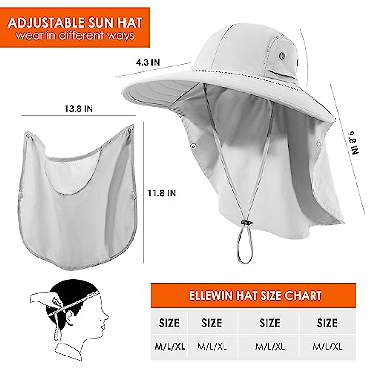 HEEHIPOO Mens Women Fishing Hat UPF 50+ Wide Brim Sun Hat with Face Cover & Neck Flap Light Gray