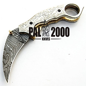 PAL 2000 KNIVES POC-9517 Handmade Damascus Steel Folding Pocket Knife Engraved Steel Handle with Sheath