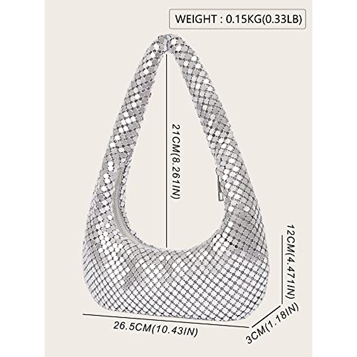 JYG Hobo Bag for Women Shiny Evening Handbag Fashion Designer Purses for Travel Vacation 2023 (Silver)